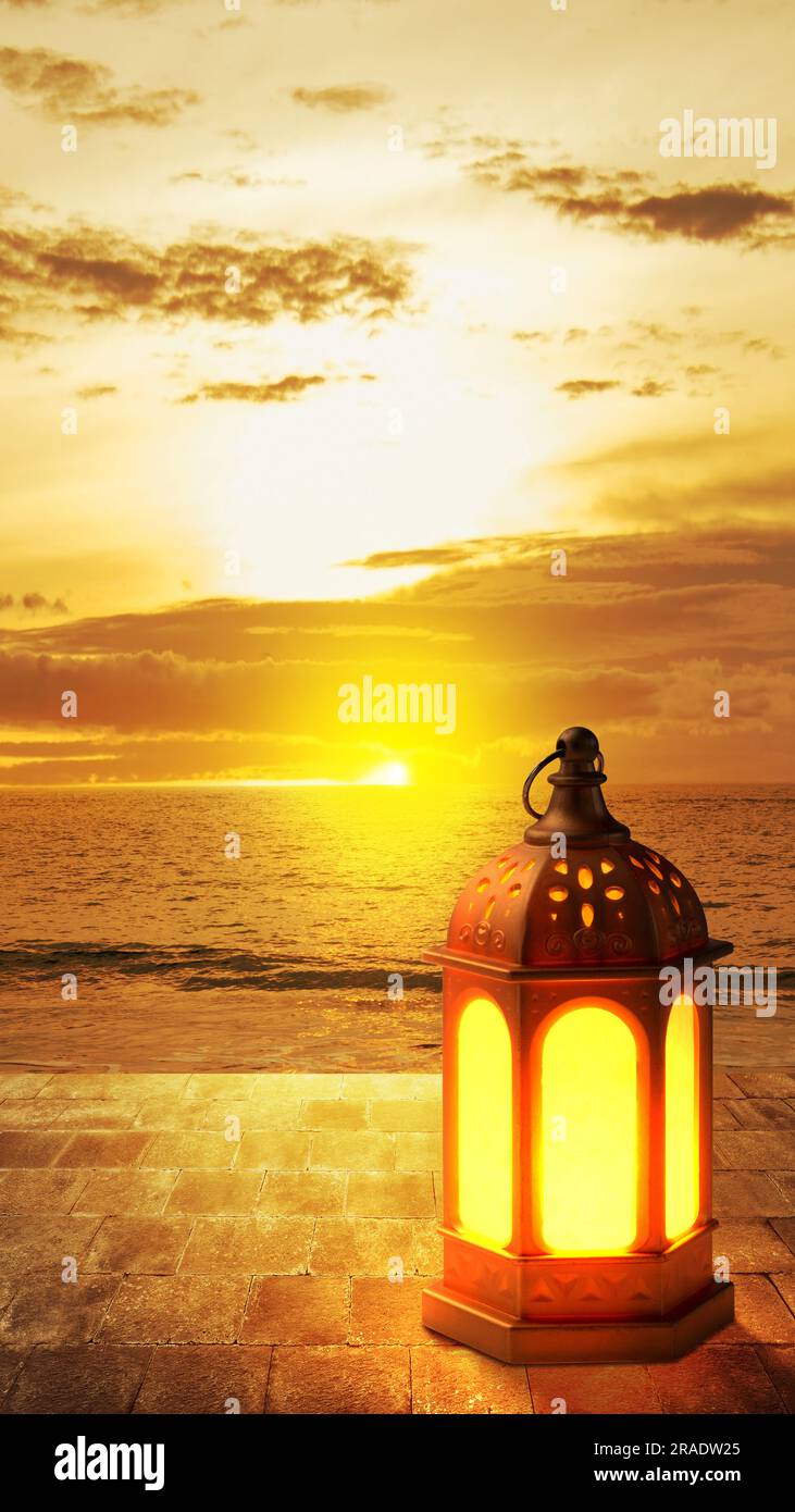 Arabic lamp with bright light with the sunset scene background Stock ...