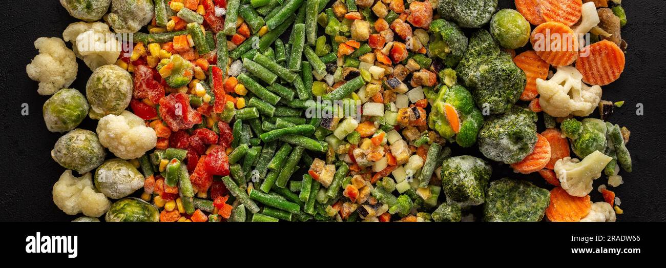 Frozen vegetable mix banner, frozen green beans and broccoli, corn and ...