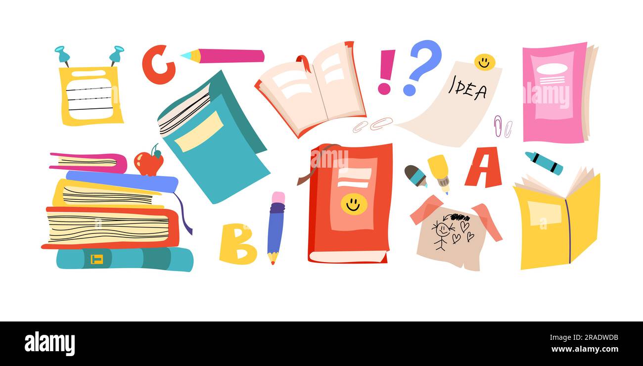 School books cartoon style. Back to school. Hand drawn educational ...