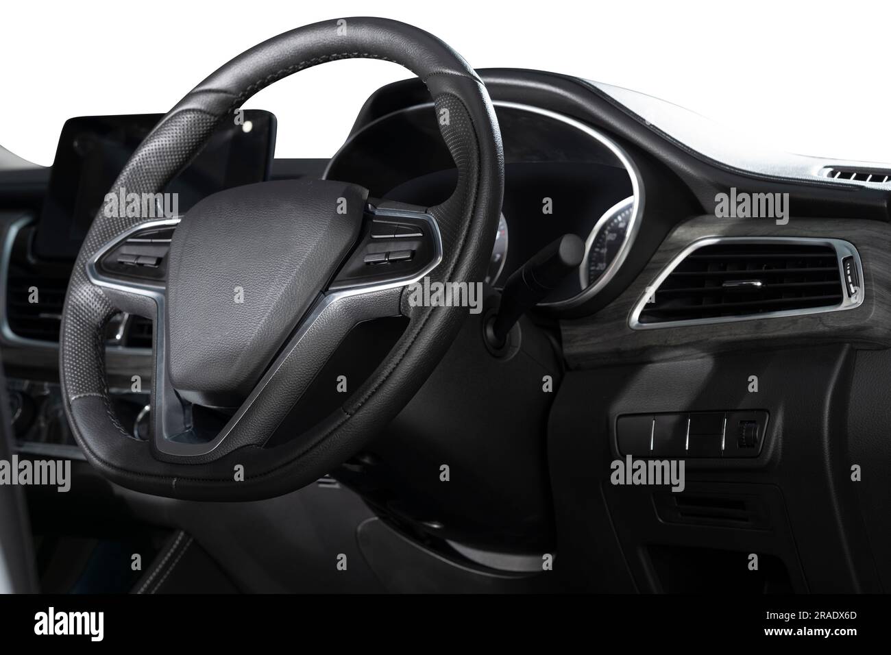 Steering wheel, shift lever, dashboard, speedometer display. Modern car ...