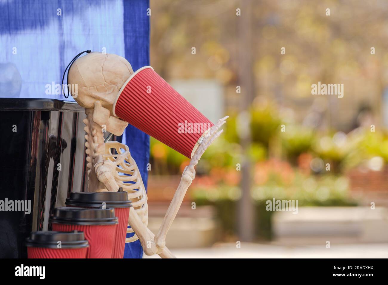 Skeleton Drinking Coffee, coffee shop abstract installation Stock Photo ...