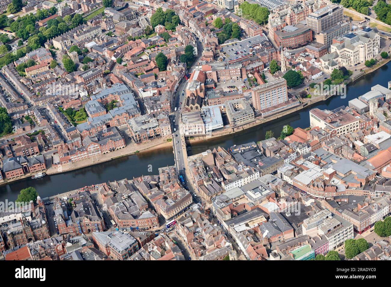 An aerial view of the historic city of York, showing the River Ouse ...