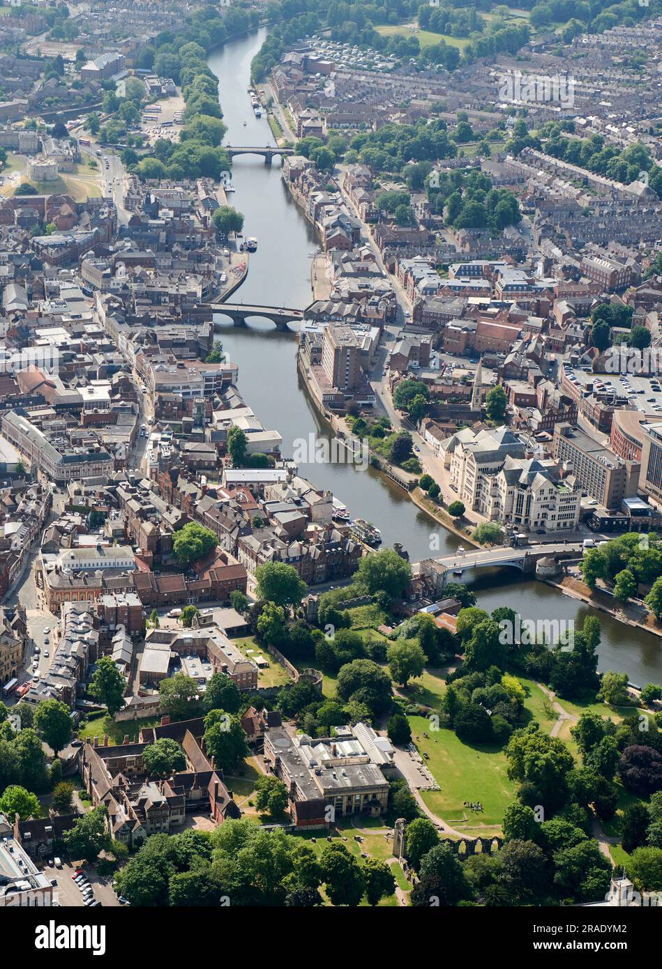 An aerial view of the historic city of York, showing the River Ouse ...