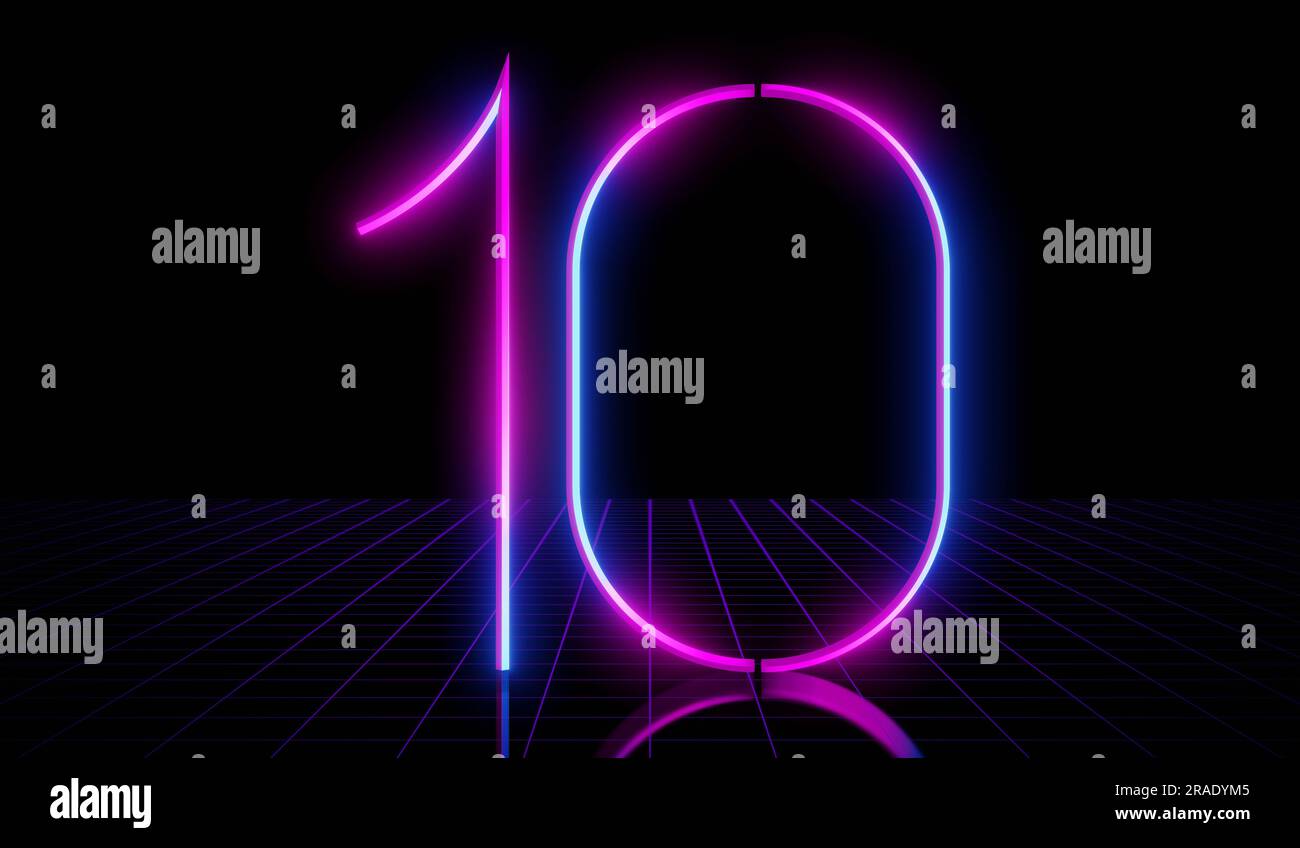 10 - ultraviolet neon number on black background - 3D illustration ...