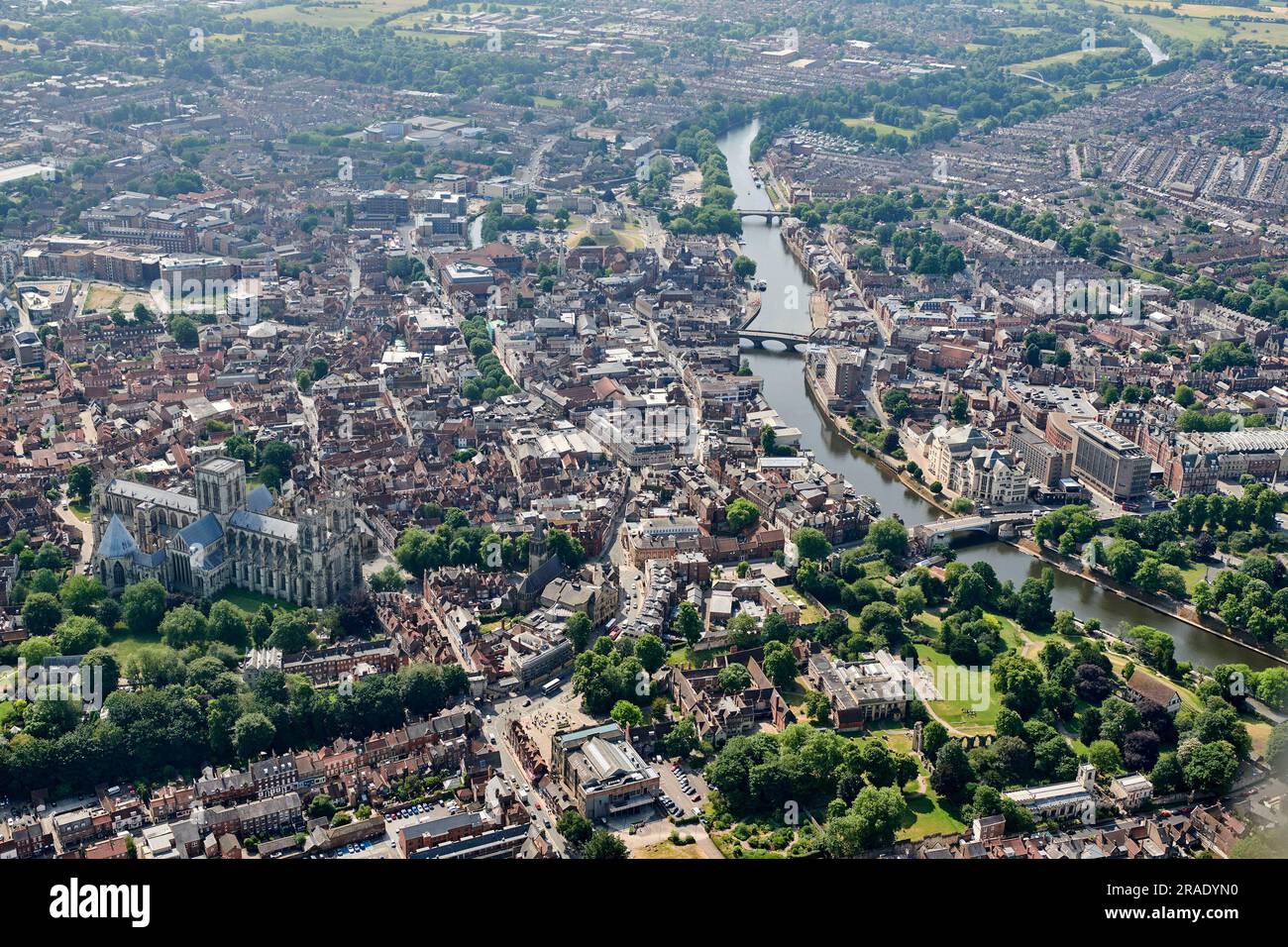 An aerial view of the historic city of York, showing the River Ouse ...