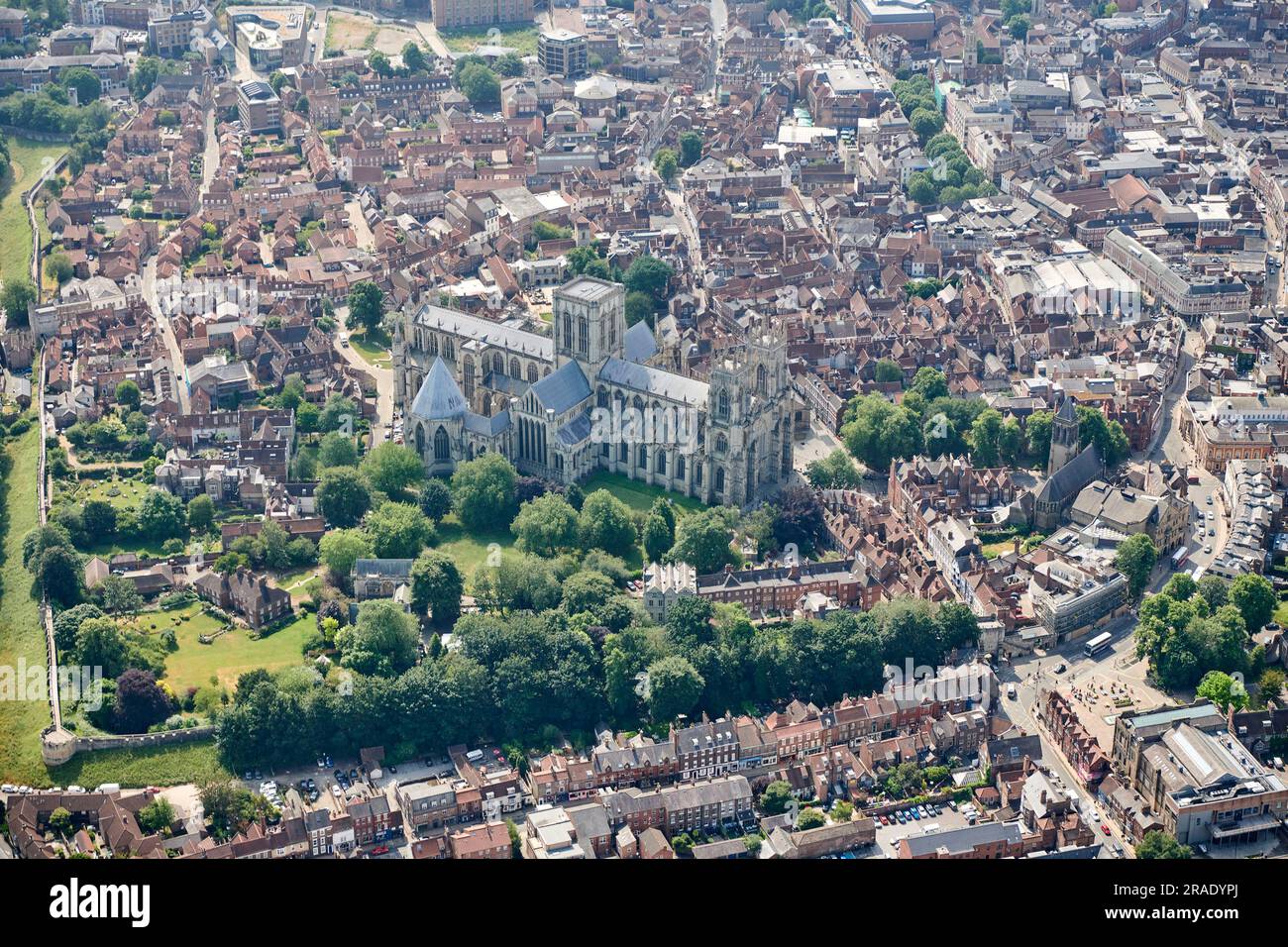 An aerial view of the historic city of York and The Minster showing the ...