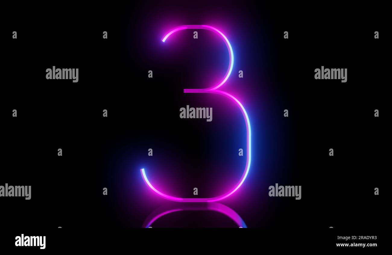 3 - ultraviolet neon number on black background - 3D illustration Stock ...