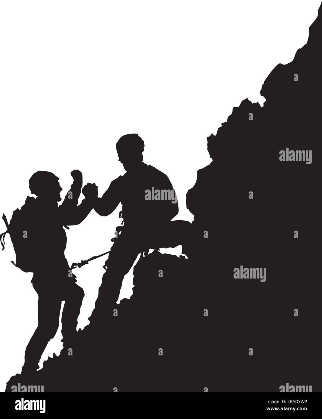 Silhouette of Two Man celebrate WIN climbing Helpping Hands to Mountain ...