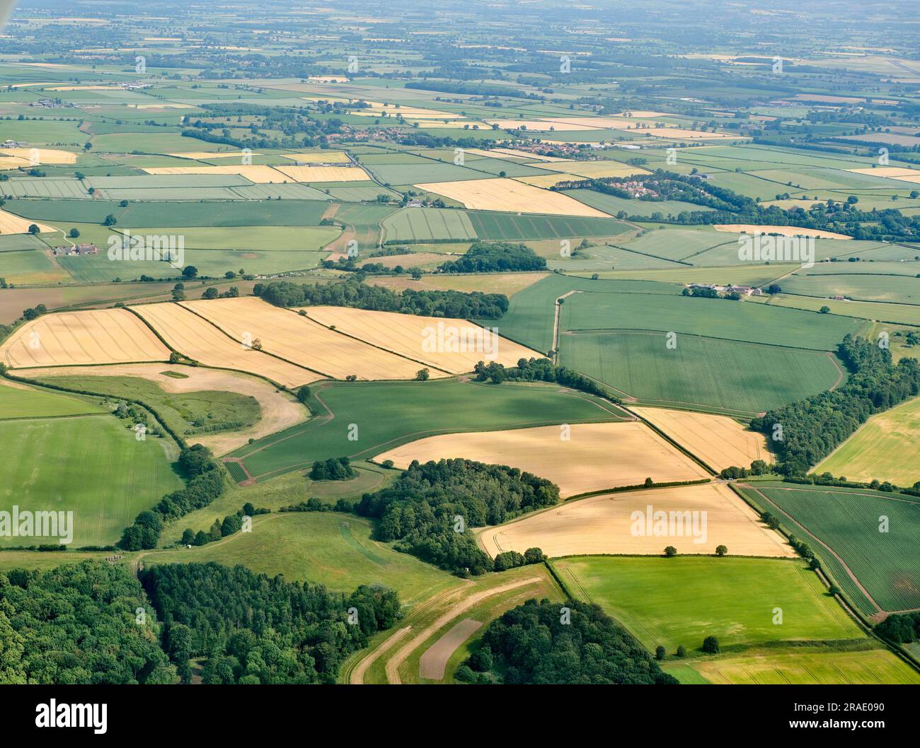 From the air, British rural landscape showing field patterns and crops ...