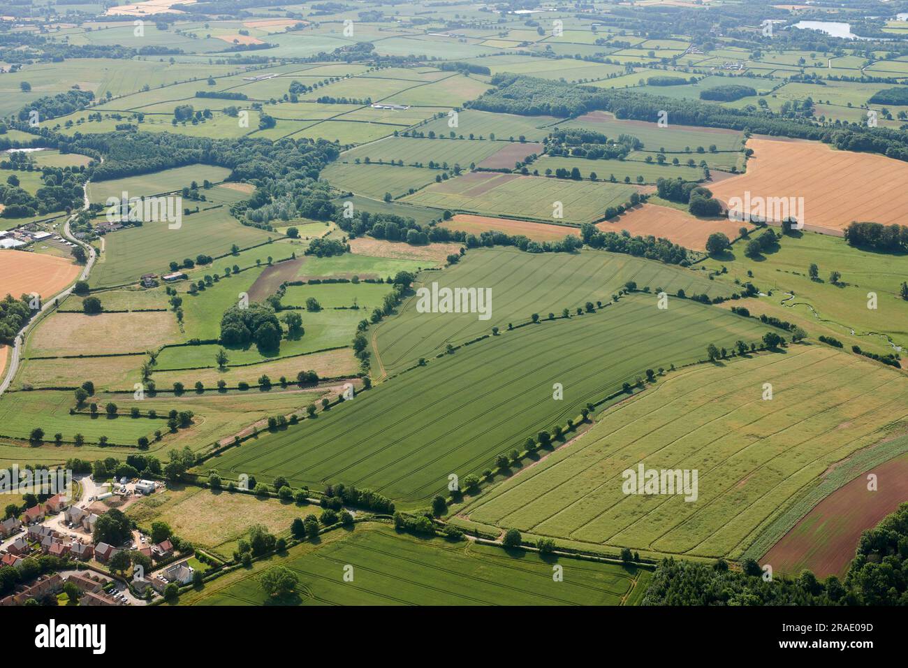 From the air, British rural landscape showing field patterns and crops ...