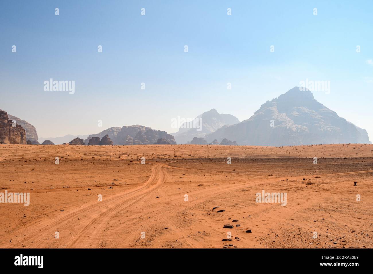 Arabian desert. Wadi Rum. Space landscape. Footprints in the sand ...