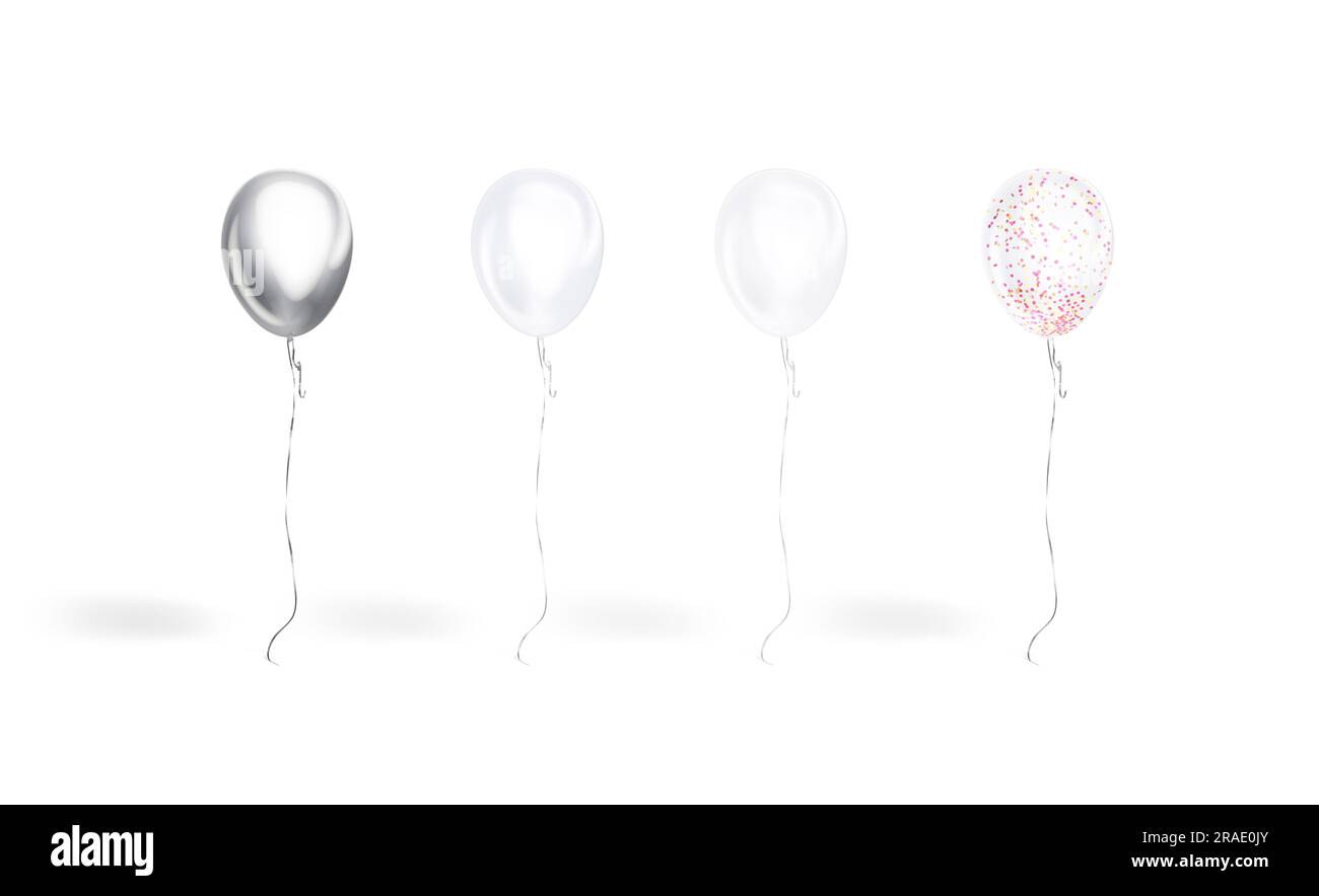 Blank white, silver, transparent round balloon flying mockup, front ...