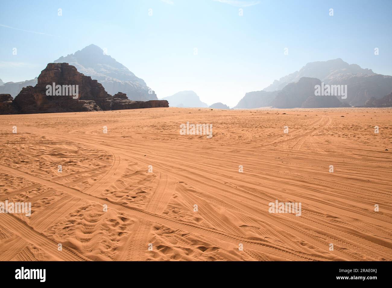 Arabian desert. Wadi Rum. Space landscape. Footprints in the sand ...