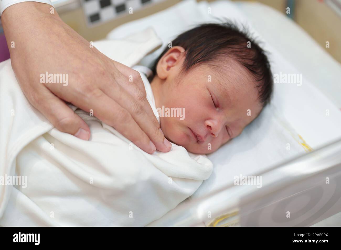 hand of mother putting her newborn baby to sleep in the infant bassinet ...