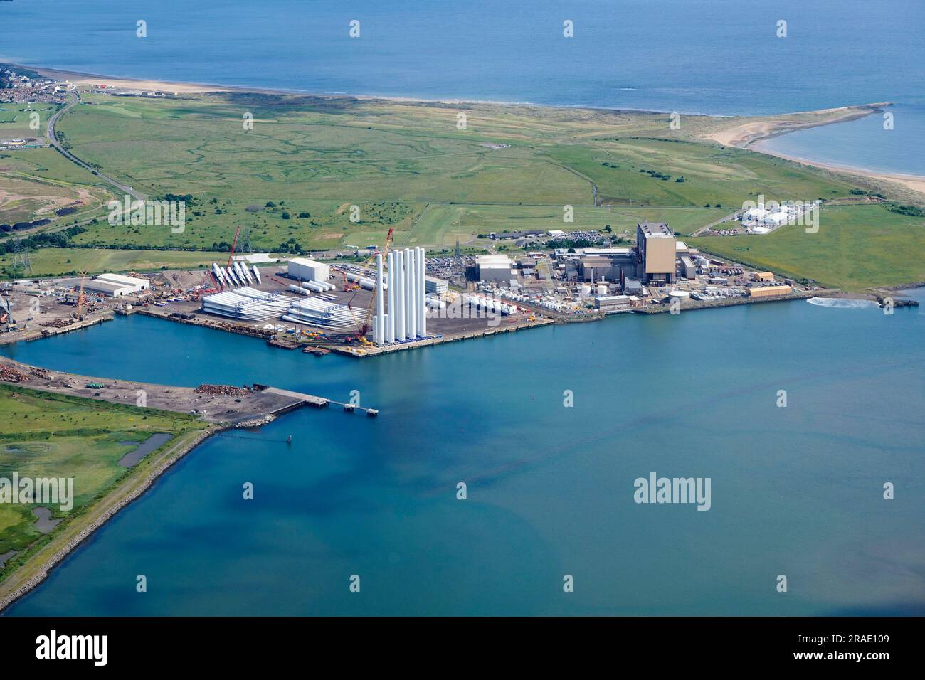An aerial view of wind farm turbine manufacturing and production site ...