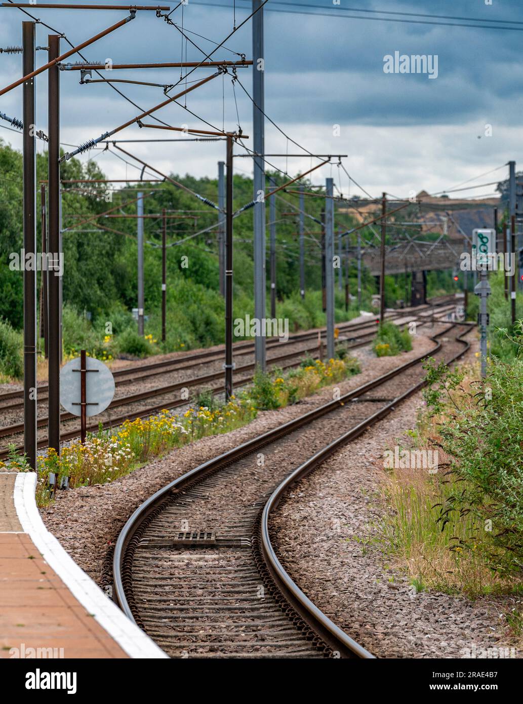 Empty and deserted railway lines or tracks on the approach to Grantham ...