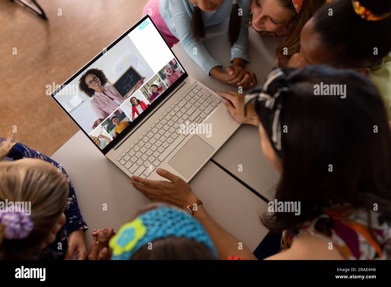 Diverse schoolchildren with female teachers having laptop video call in ...