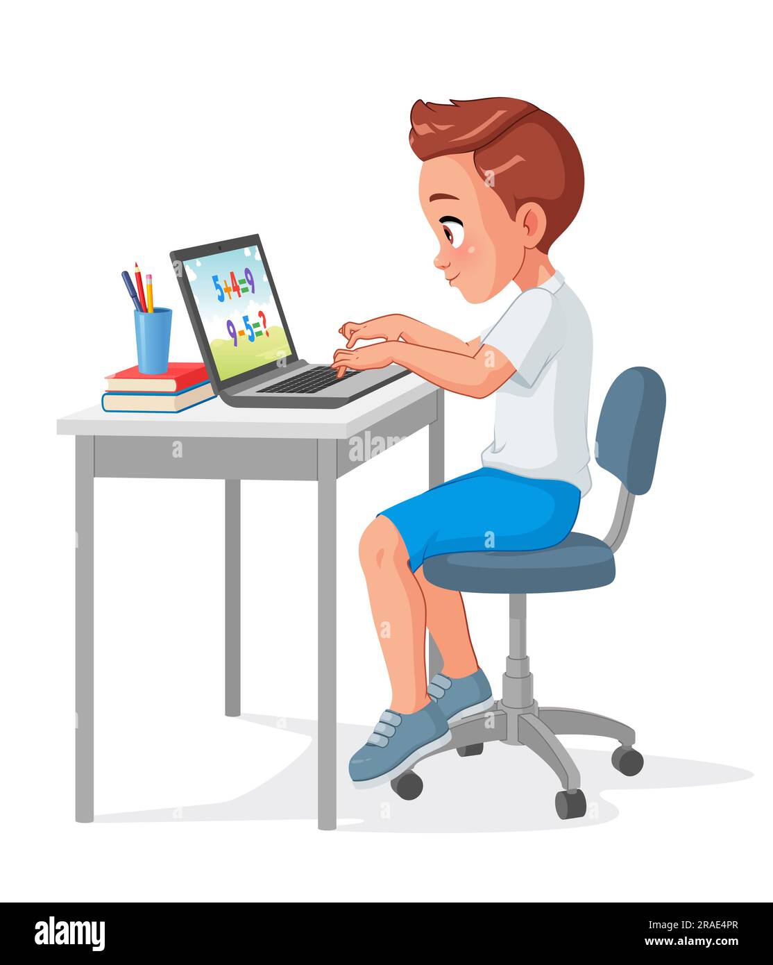 Cute little school kid studying with laptop. Cartoon vector ...