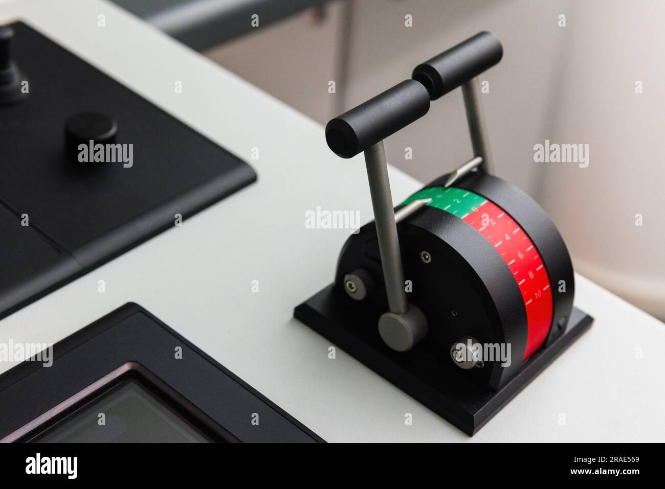 Vessel control panel with engine accelerator in slow ahead position ...