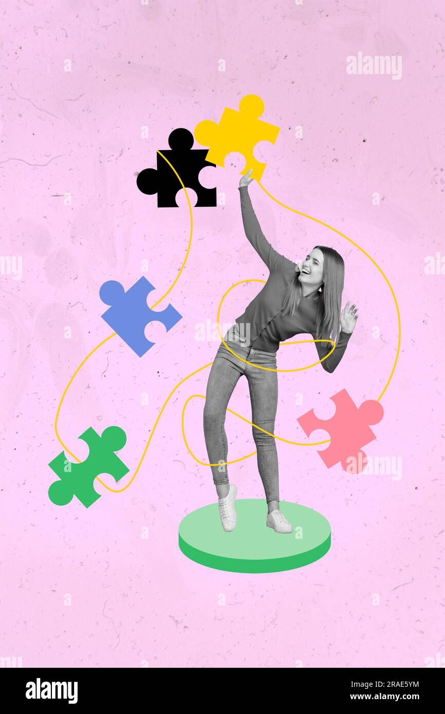 Composite collage image of funny smart young female solving task puzzle ...