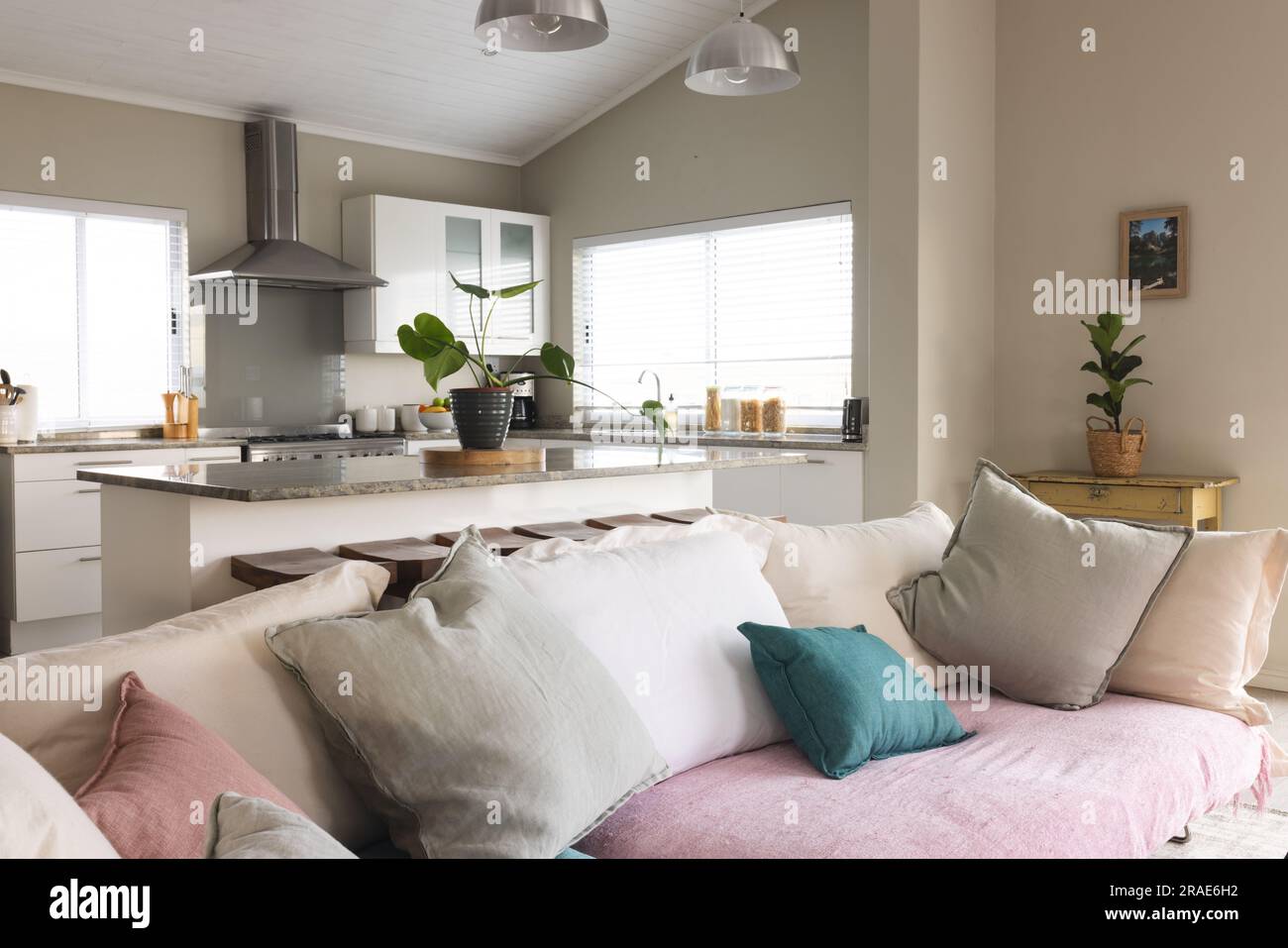 General view of living room and kitchen with sofa, countertop and ...