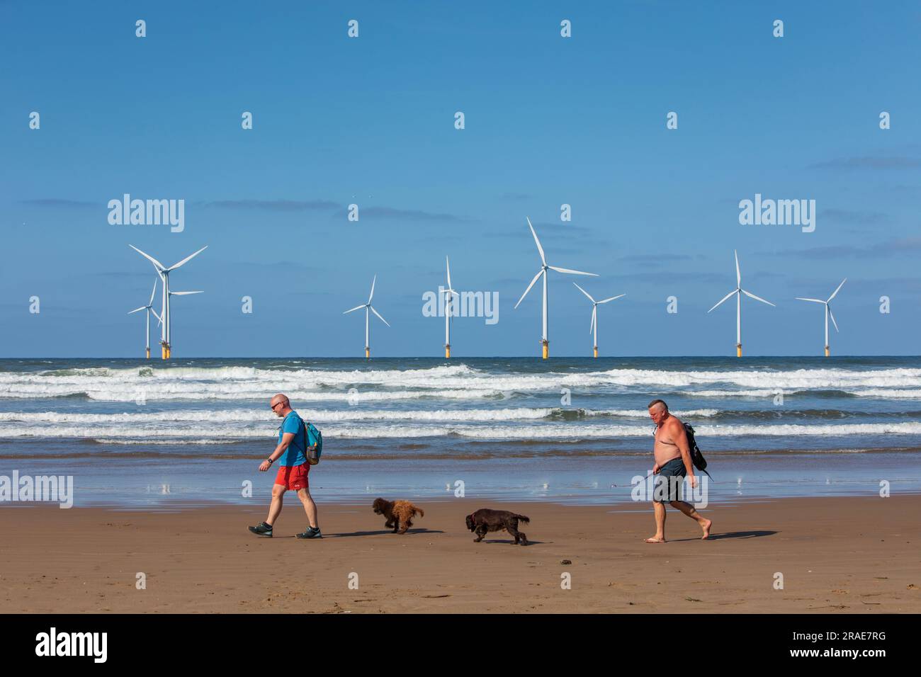 Teesside, North Yorkshire, UK. Redcar beach and the Teesside Wind ...