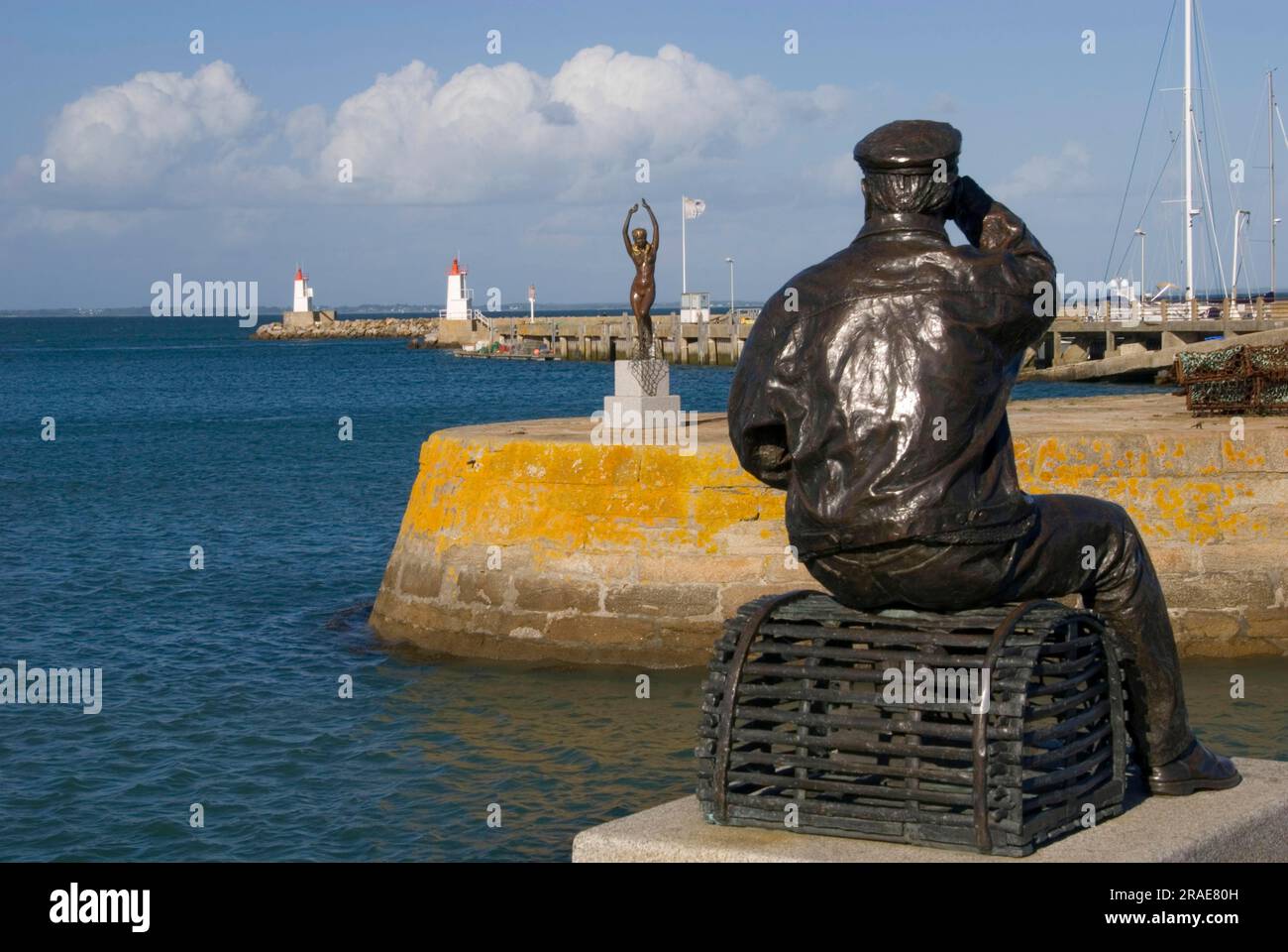 Statues in harbour, mermaid and angler, Haliguen harbour, Quiberon ...