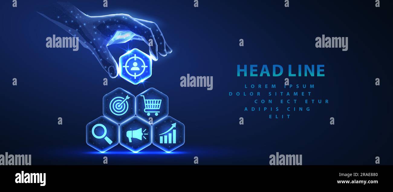 AI content icons on hexagons made a pyramid and hand hold the top ...