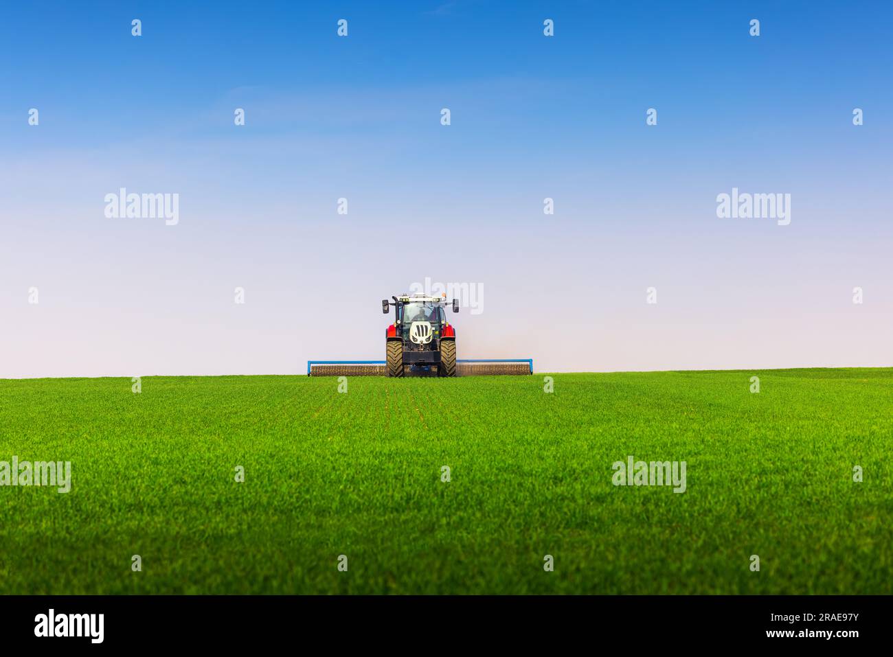 Tractor with a roller tillage on spring field. Soil rolling supports ...