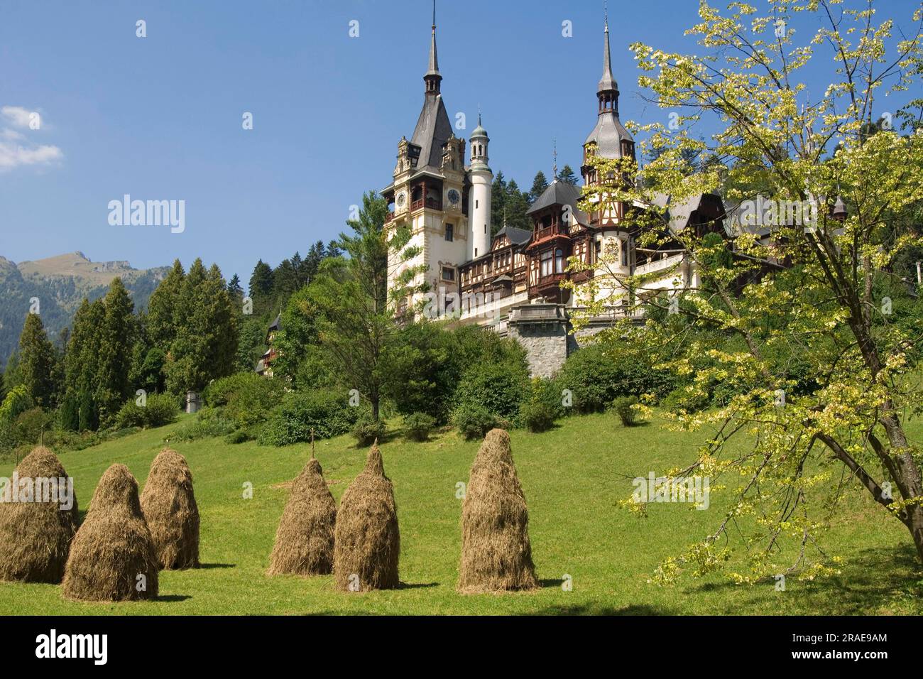 Haystack in front of Peles Castle, Sinaia, Wallachia, Carpathians ...