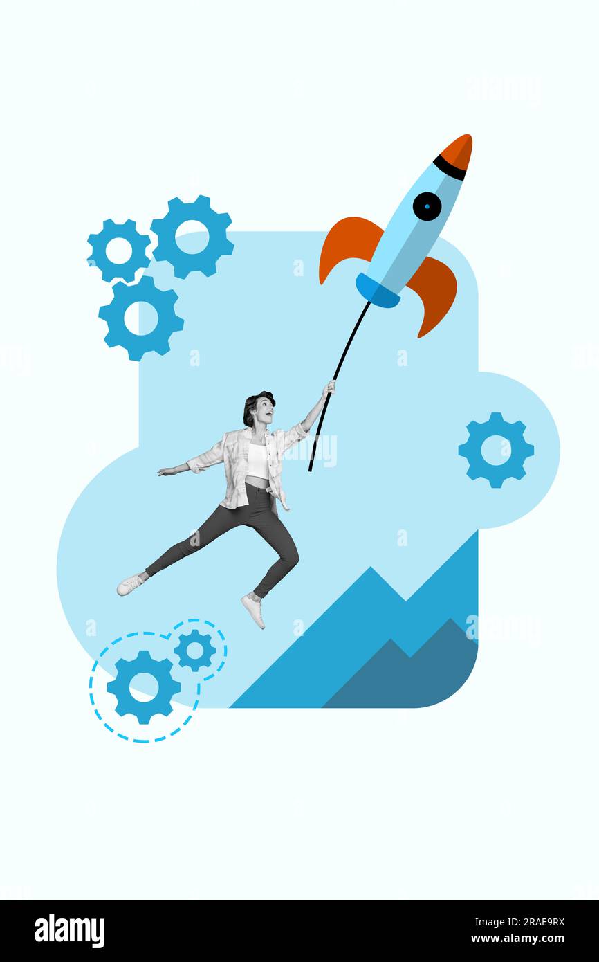 Artwork picture collage image of excited cheerful girl flying rocket ...