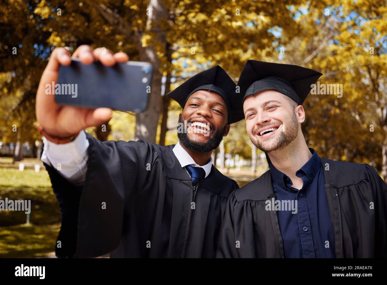 Graduation selfie, friends and students on college or university campus ...
