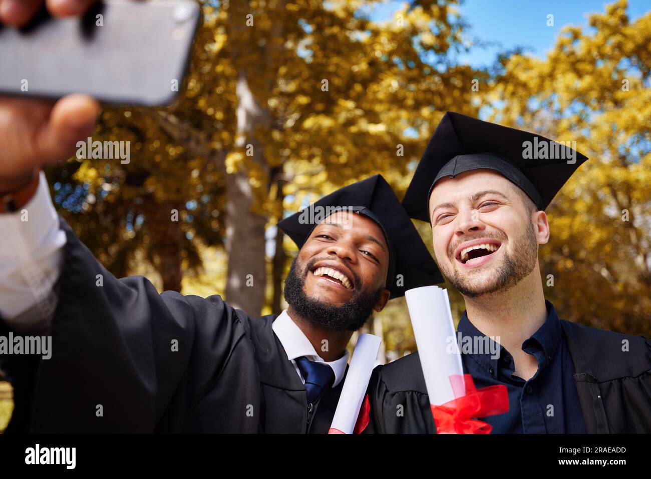 Graduate selfie, friends and students on college or university campus ...