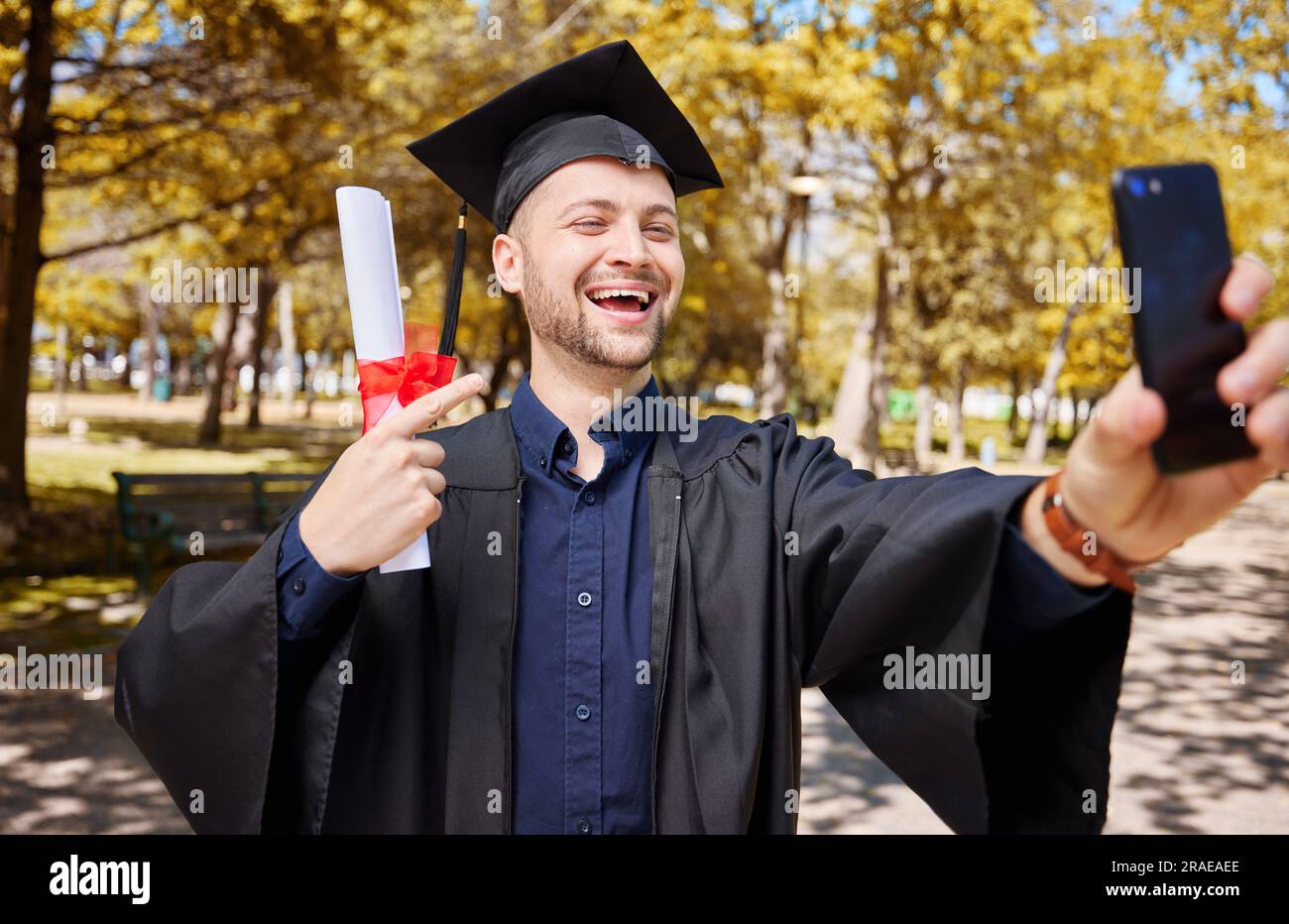 Graduation selfie, university student and man on campus, college ...