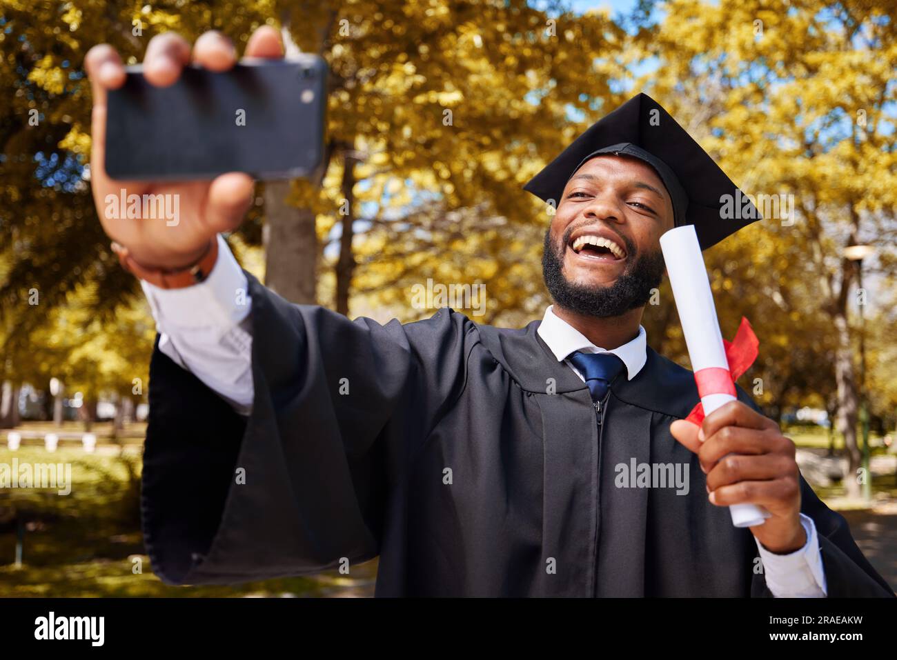 Graduation selfie, success and student or man on university or college ...