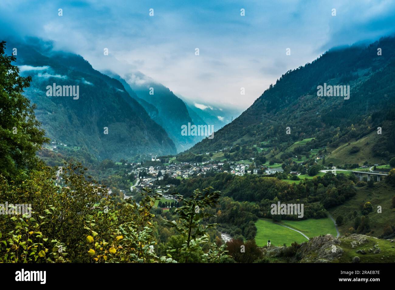 Swiss valley among the picturesque autumn peaks of the Alps. Beautiful ...