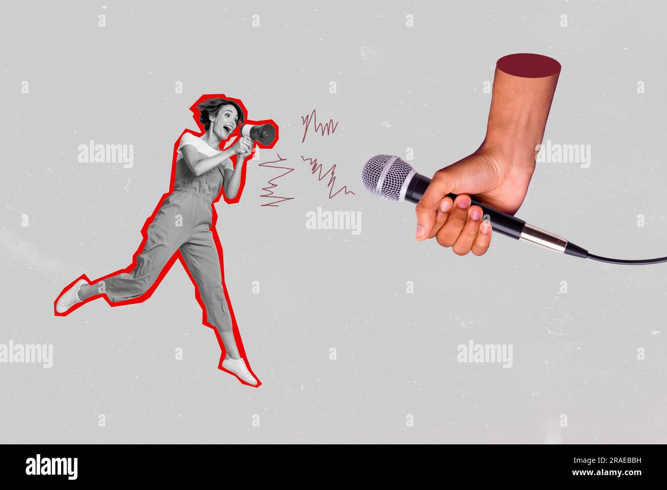 Collage metaphor of woman screaming proclaim bullhorn huge microphone ...
