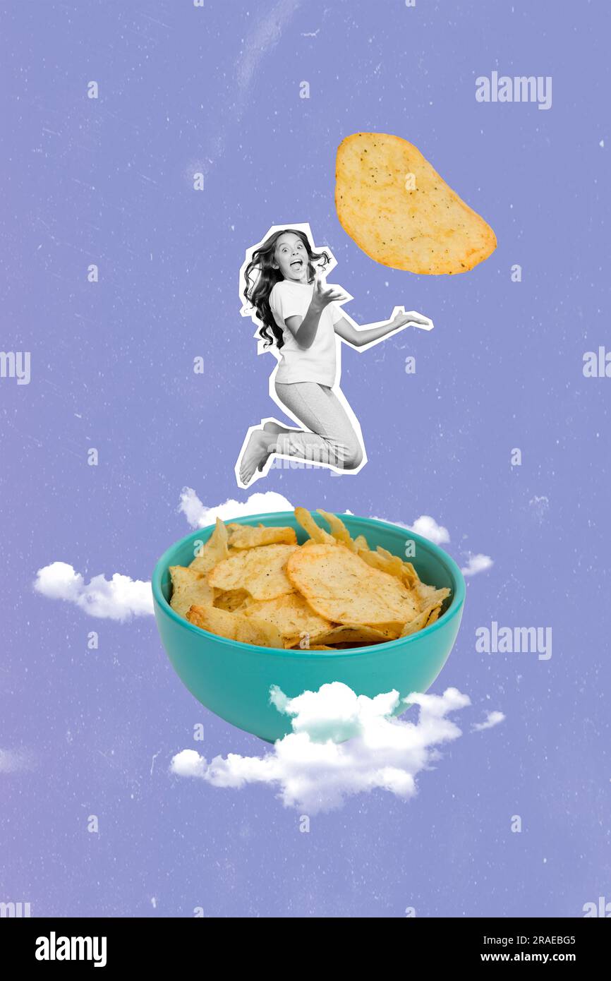 Collage of young funny positive girl jump careless bowl tasty unhealthy ...