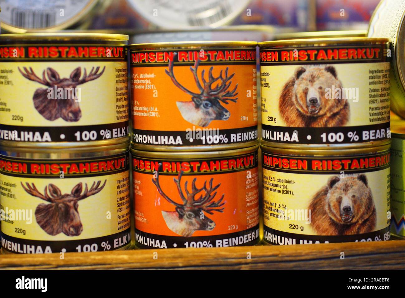 Different kinds of sausage from reindeer, bear, moose, in tin can, old ...