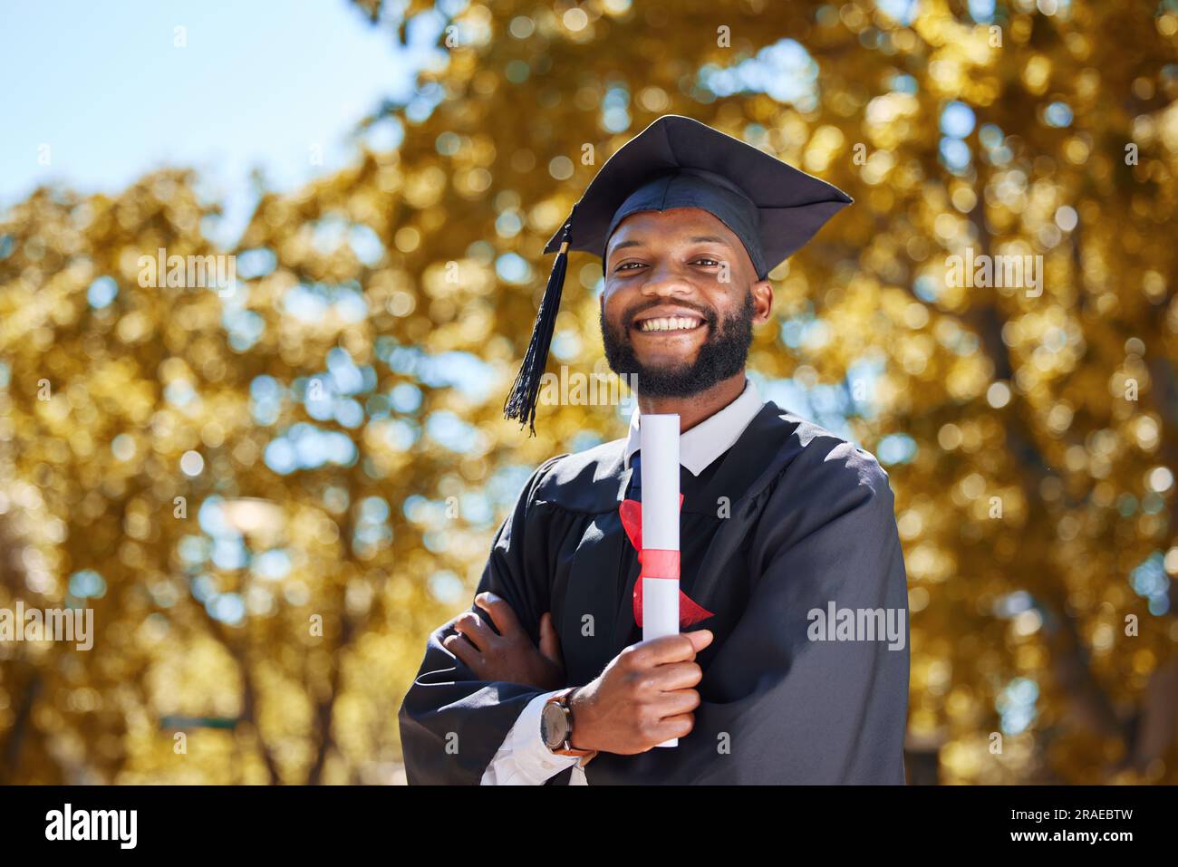 Graduation cap, portrait and man or student on university, education or ...