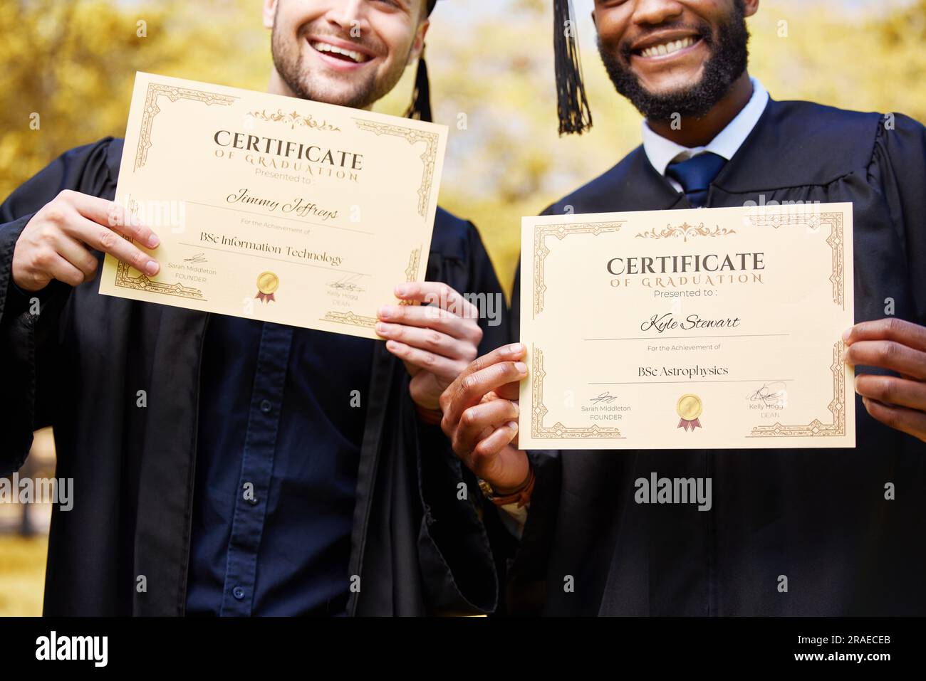 Friends, students and graduation to show diploma with smile ...