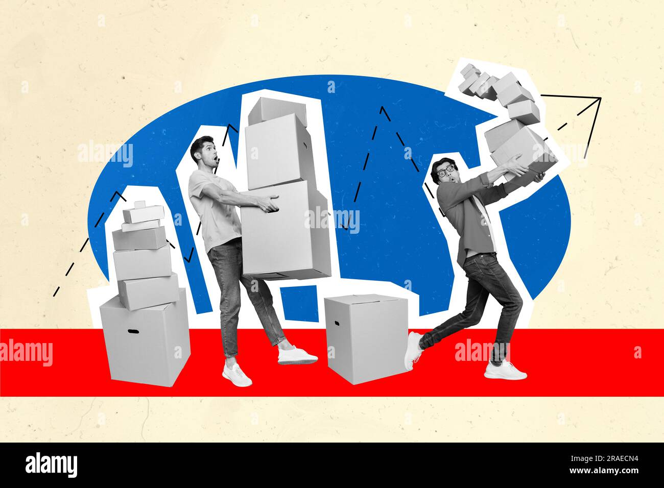 Creative retro collage image of funny guys moving relocating new bigger ...
