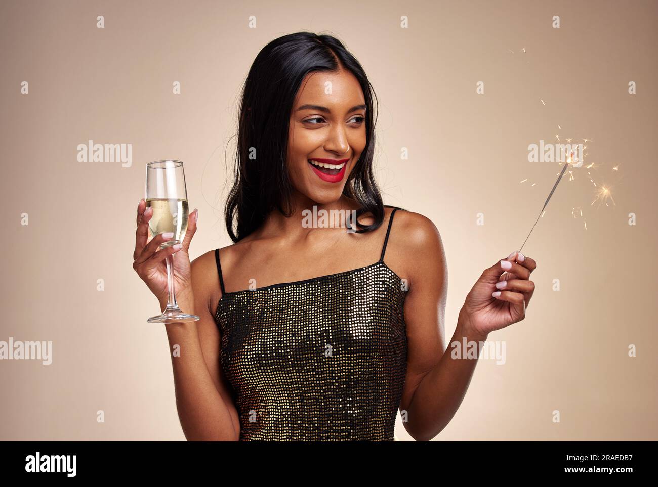 Happy woman, sparkler and celebration with party, Champagne and new ...