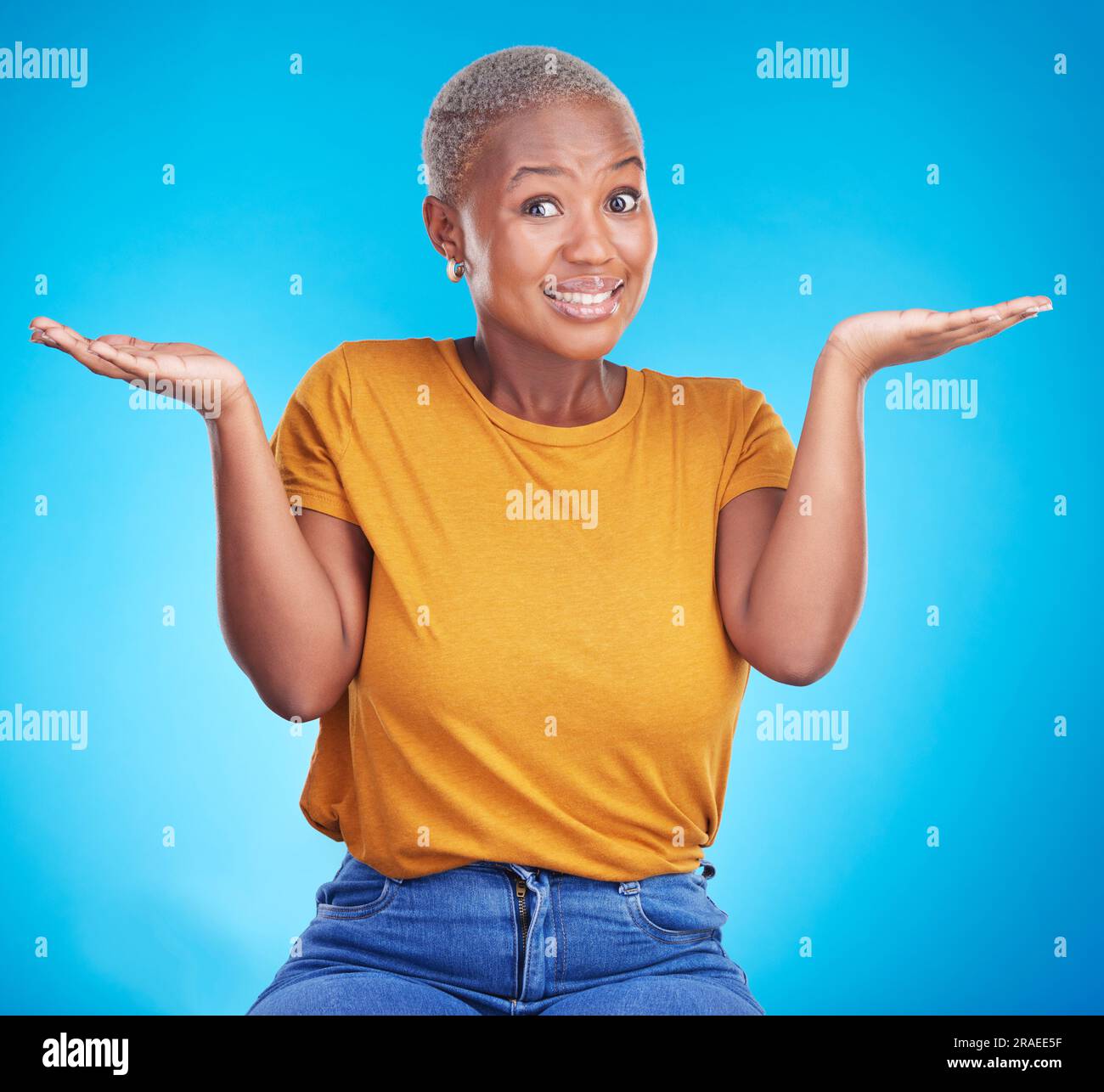 Black woman, shrug and confused portrait in studio with hand gesture ...