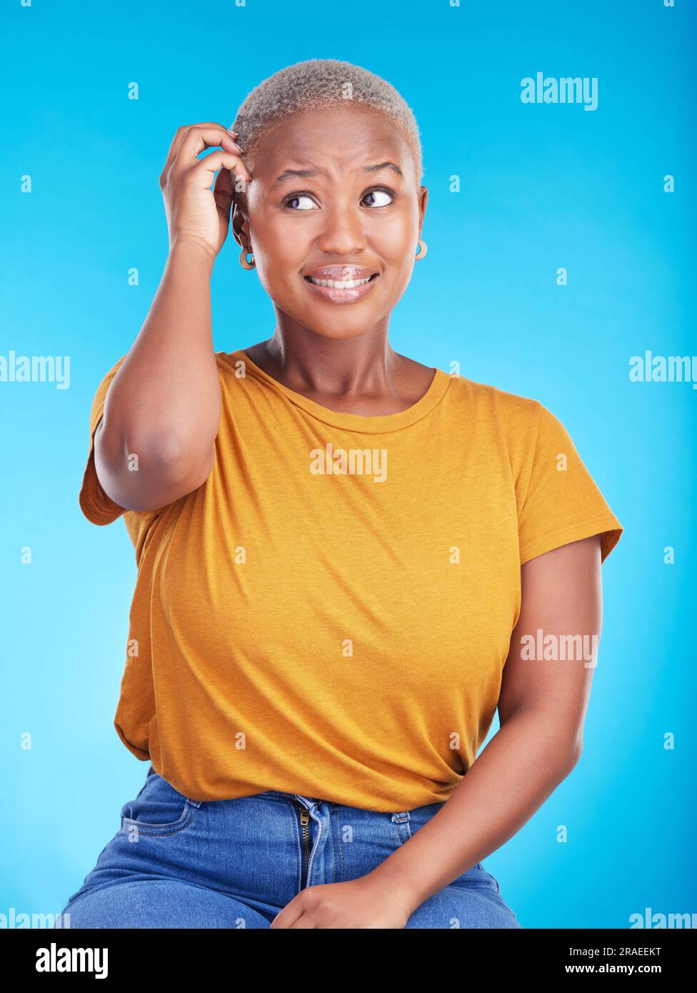 Black woman, scratch head and confused in studio with thinking, mindset ...
