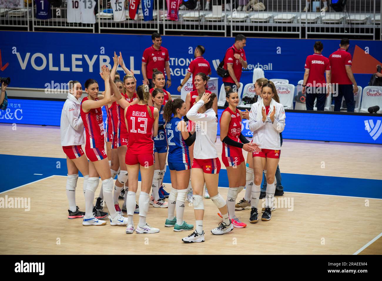 National female volleyball team of Serbia in the Volleyball Nations League match against ...