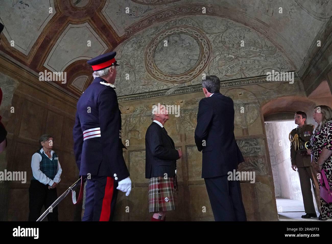 King Charles III (centre) during his visit to Kinneil House in ...