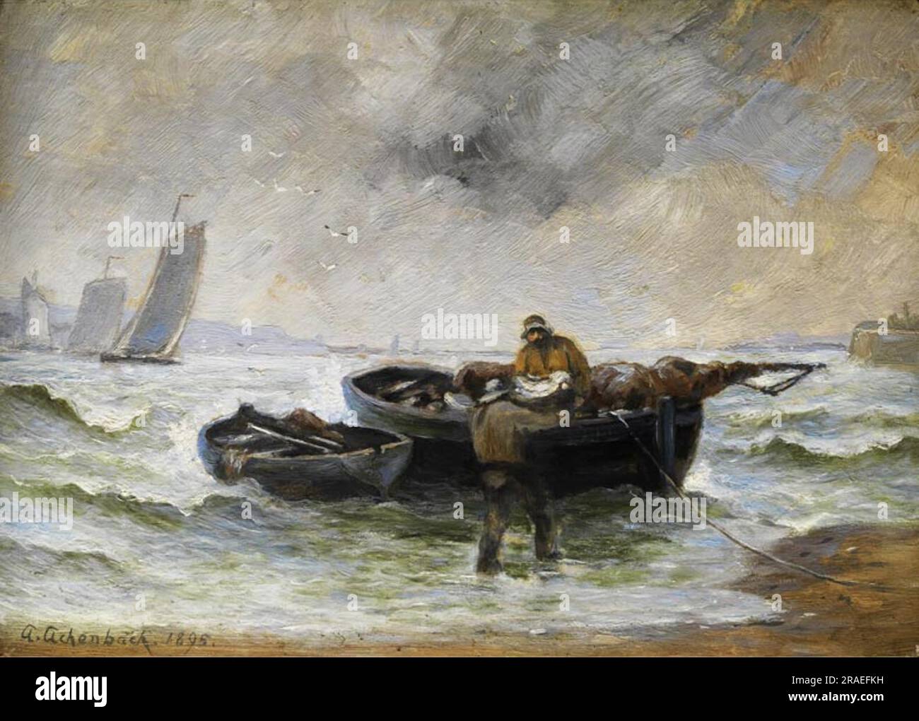 Two fishermen unloading a boat with furled sails 1895 by Andreas ...