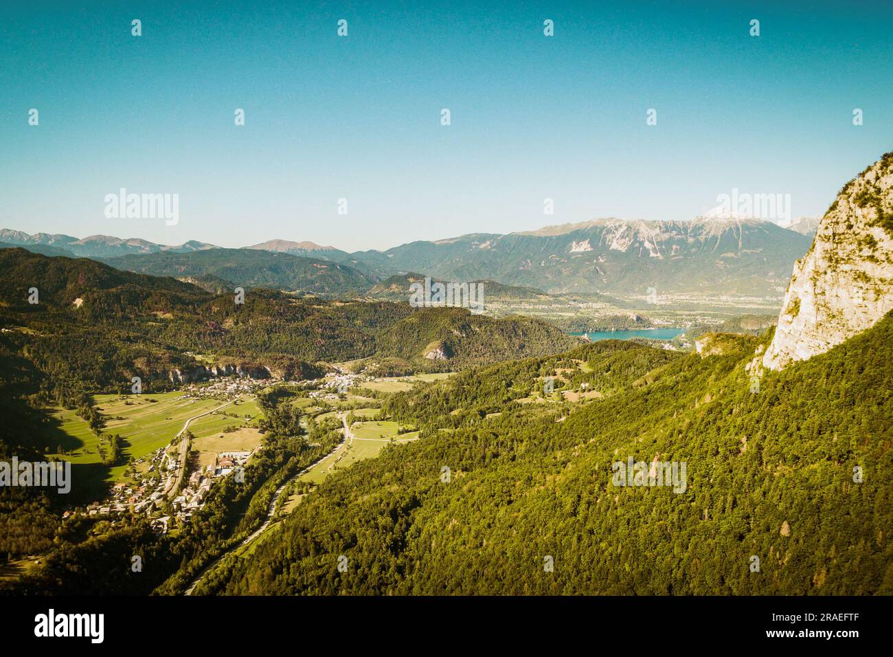 Aerial panoramic view scenic greenery Slovenian mountains views. Road ...