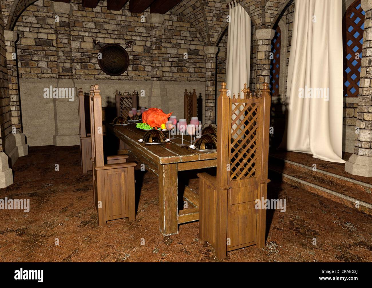 3D rendering of a medieval ancient room interior with a dinner table ...